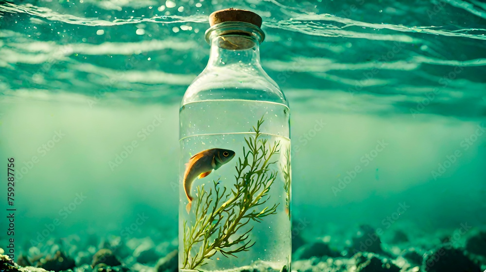 The small fish is swimming inside the bottle, which is filled with ...