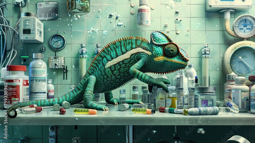 Chameleon among medical bottles and pills - This image features a ...