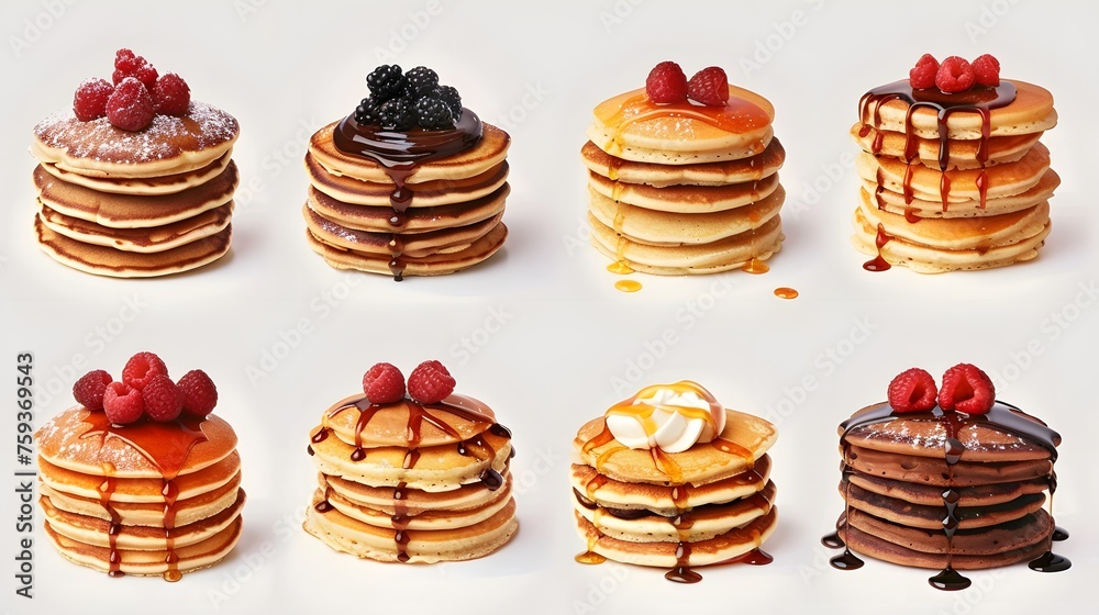 Collection of pancake stacks with different toppings (maple, raspberry, chocolate syrup ...