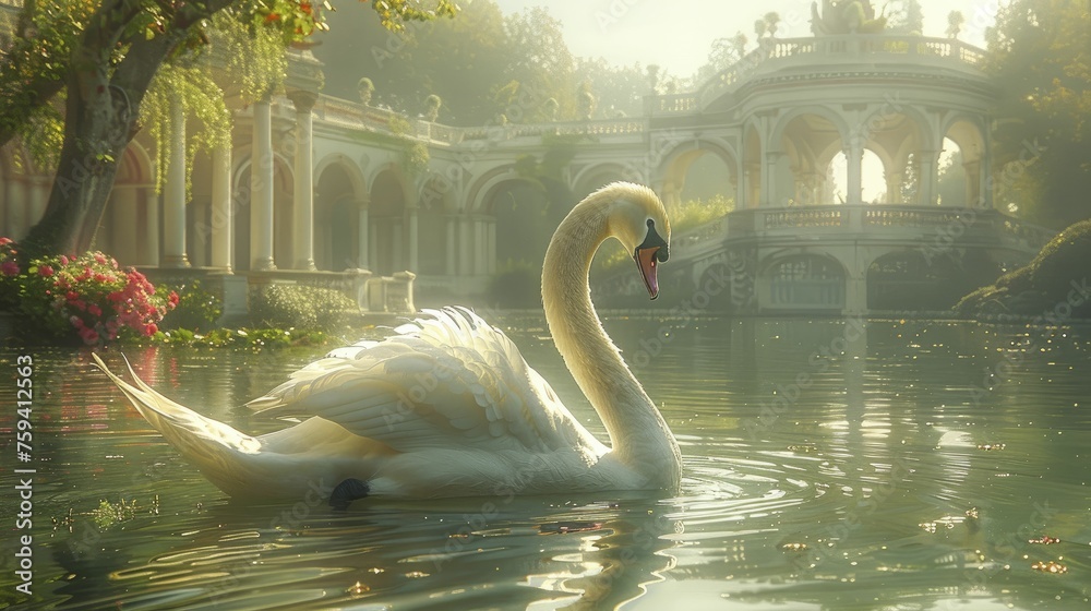 Swan in an opulent garden of an ancient palace, representing the grace ...