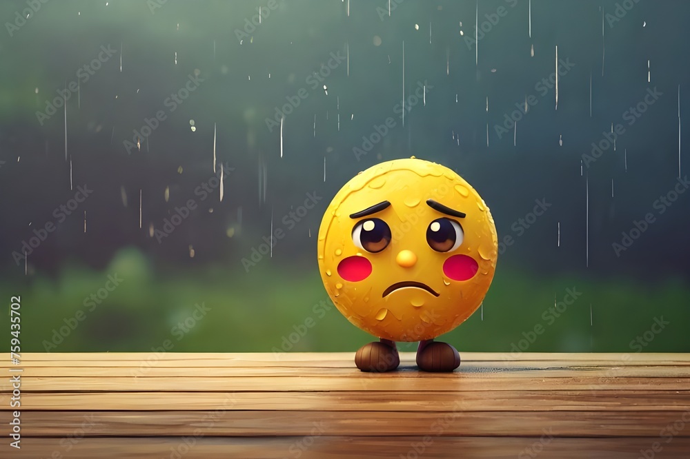 Sad emoji kid standing alone in rainy day with copy space. Mood off ...