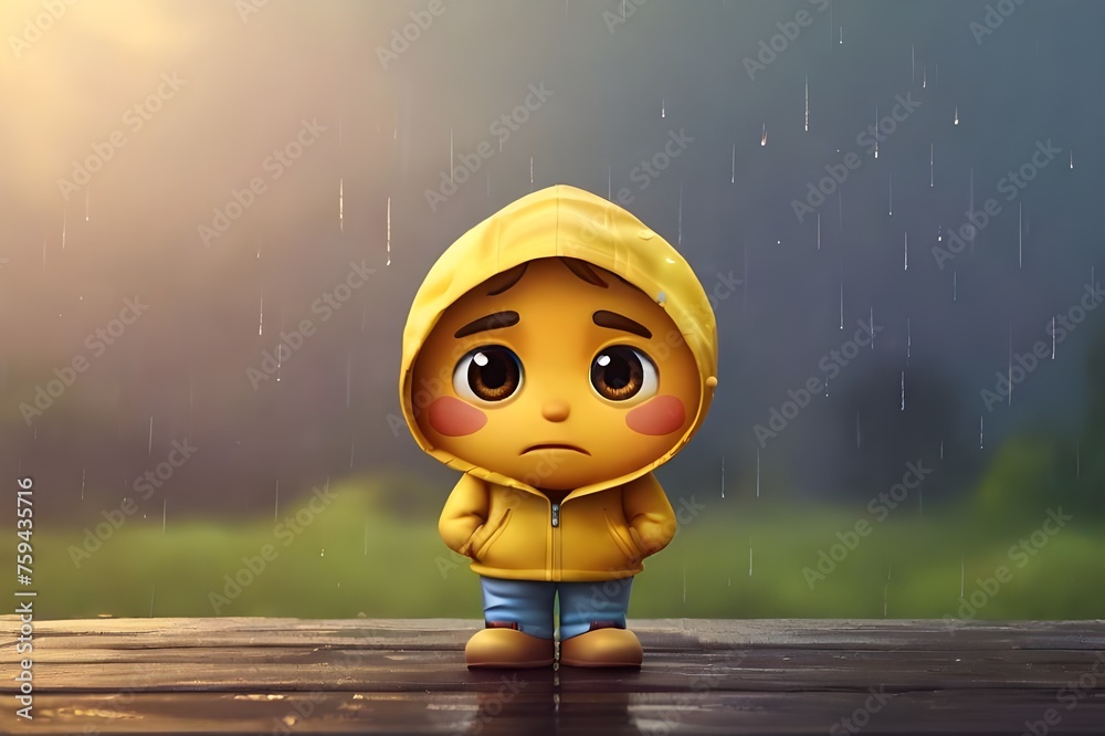 Illustration Stock Sad emoji kid walking alone in a rainy day with copy ...