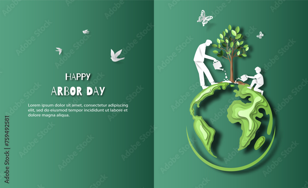 Happy Arbor Day, father and son help water a tree, save the planet ...