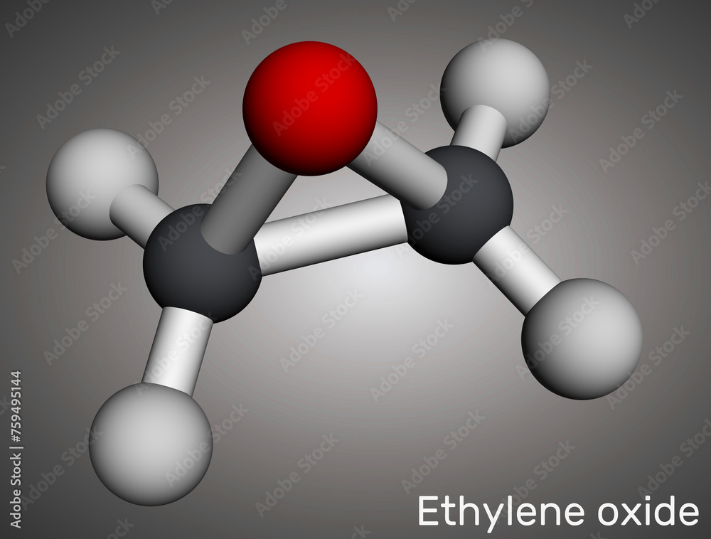Ethylene oxide, oxirane C2H4O molecule. Molecular model. 3D rendering ...