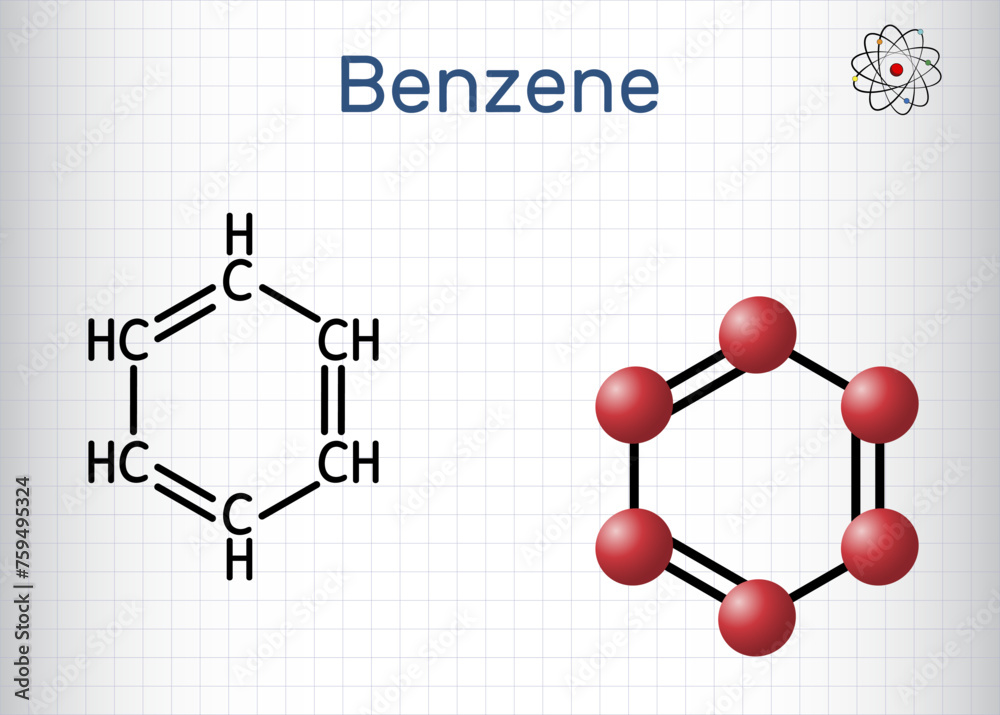 Stock-Vektorgrafik „Benzene, benzol C6H6 molecule. Structural chemical formula and molecule ...