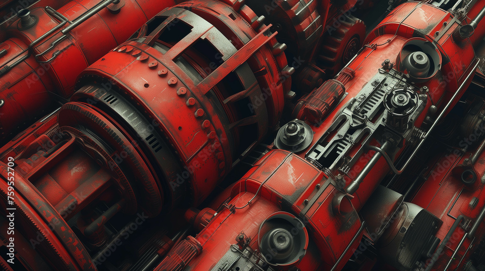 red machine engine It emphasizes the complex network of gears, cogs ...