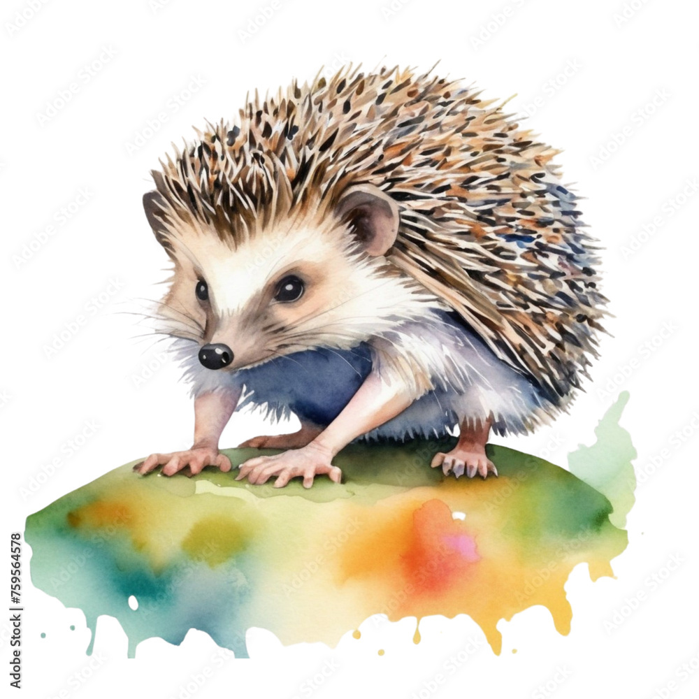 a colorful watercolor illustration an the hedgehog with flowers on ...