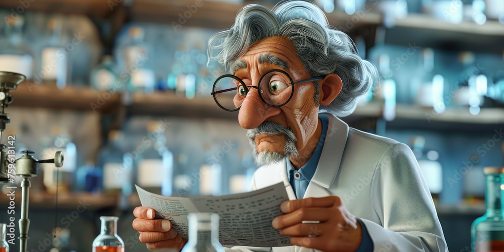 Elderly scientist examining data on paper in laboratory setting ...