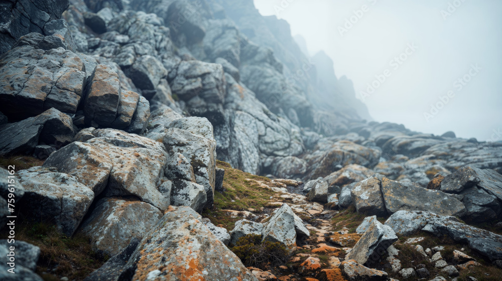 Looking up at mountain cliff with granite rocks and boulders covered in ...