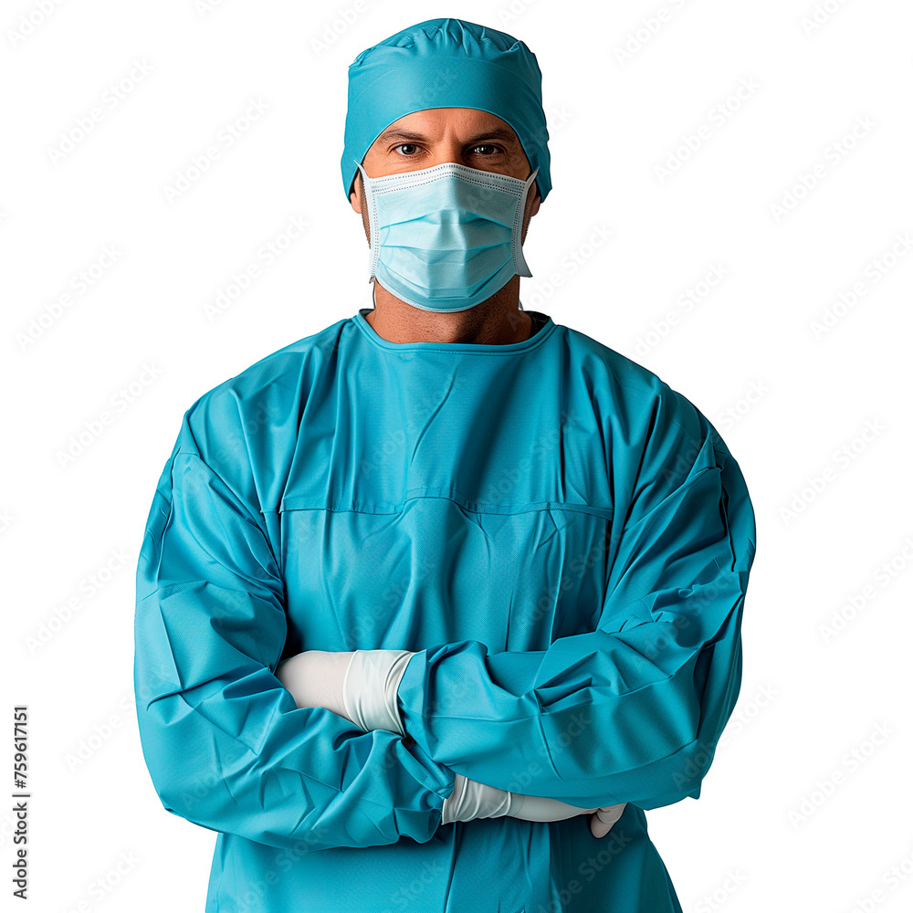 Surgeon dressed in surgical gown, cap and mask isolated on transparent ...