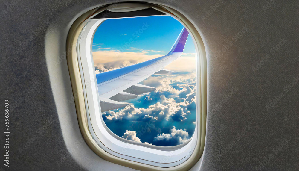 High resolution open aircraft's airplane window with clouds view. 3d ...