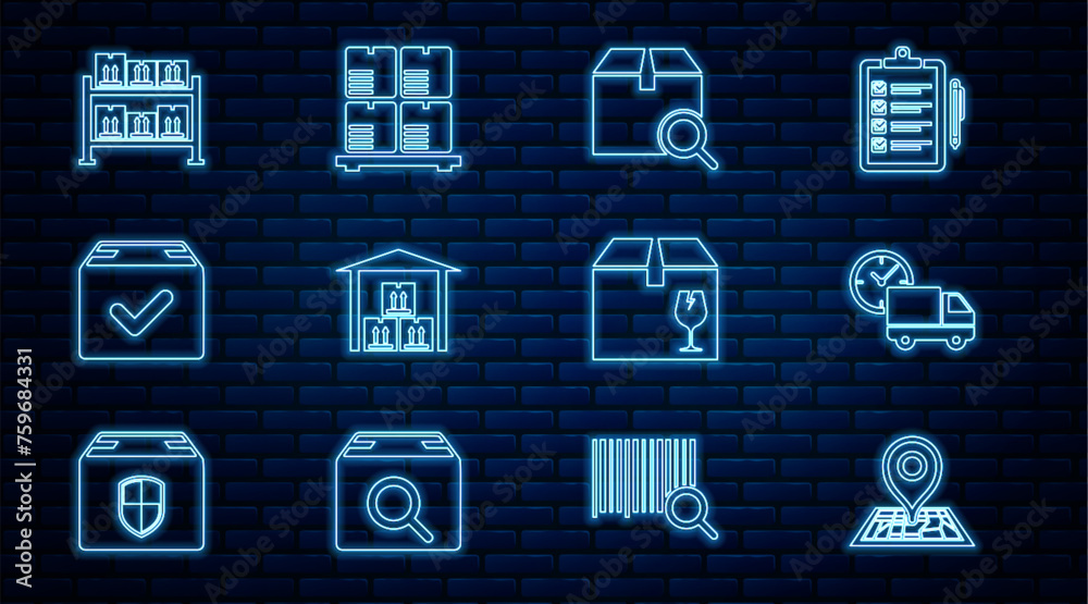 Set line Placeholder on map, Delivery truck and clock, Search package, Warehouse, Package box ...