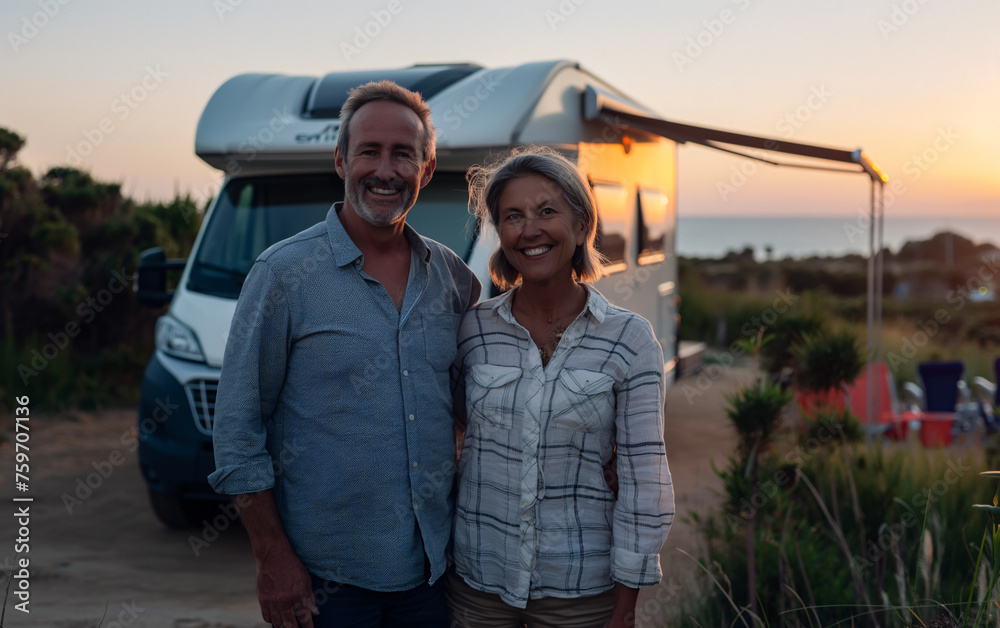 Smiling middle-aged couple on holiday beside a modern motorhome parked ...