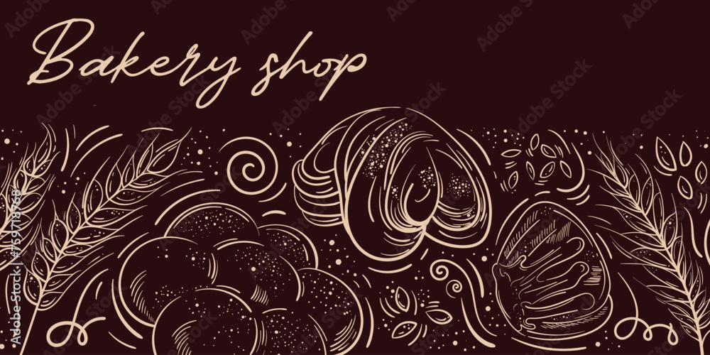 Bakery brown background. Linear graphic. Bread and pastry collection ...