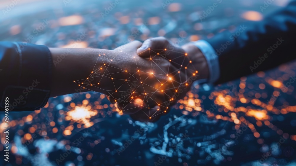 Global Unity CloseUp of Handshake Across Digital Interface Symbolizing ...