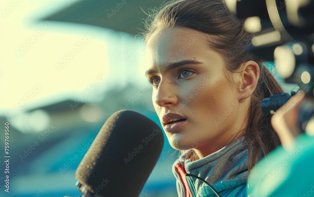 Female journalist doing interview. An young woman gives an interview ...