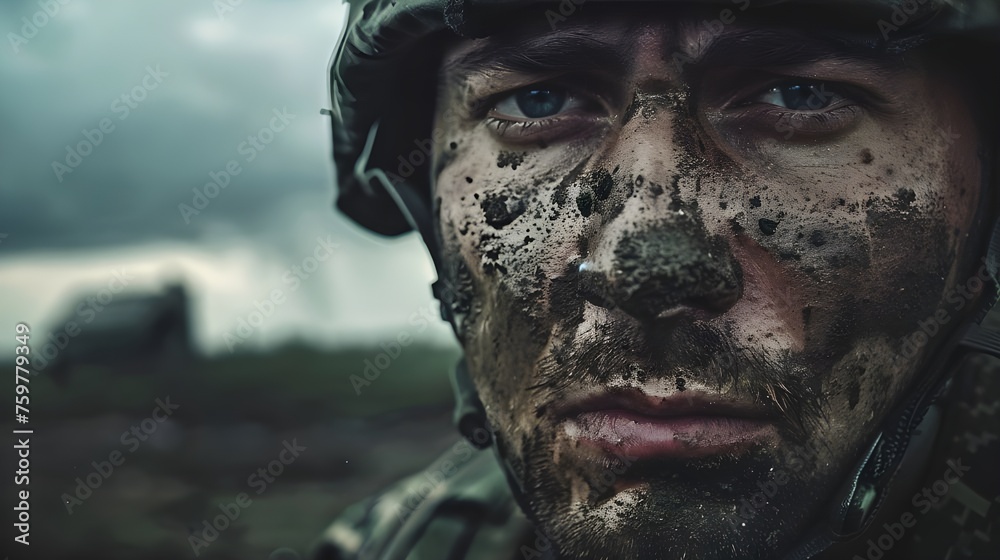 Photo Stock After the battle, dirt marks and signs of fatigue settled ...