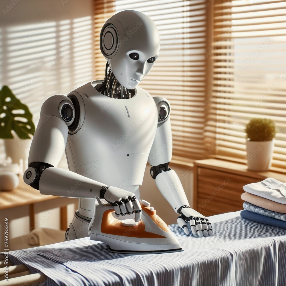 Stock-Foto „Humanoid domestic household robot irons clothes with a ...