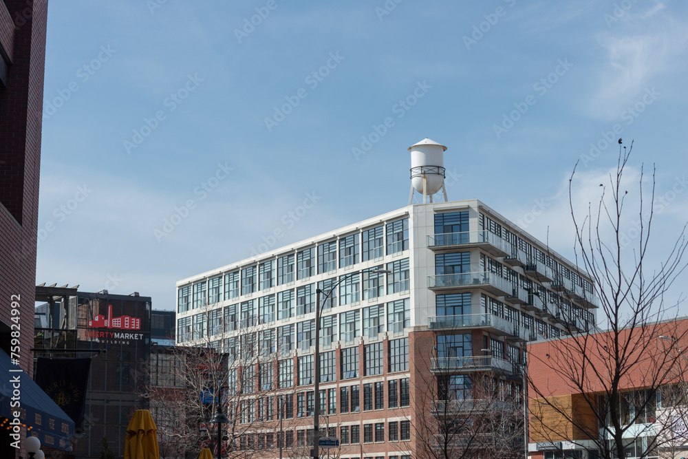 water tower atop Toy Factory Lofts located at 43 Hanna Avenue in ...