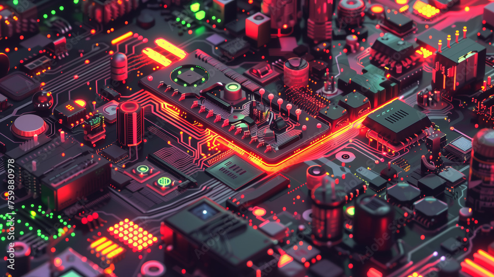 AI powered electronic circuits board. Circuit board with moving electrons and central processing ...