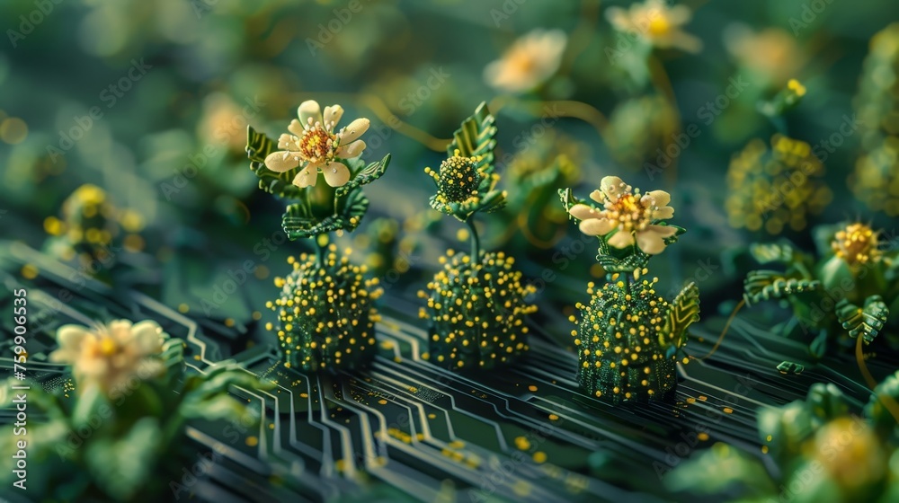 Digital art concept depicting small flowers growing from the surface of ...
