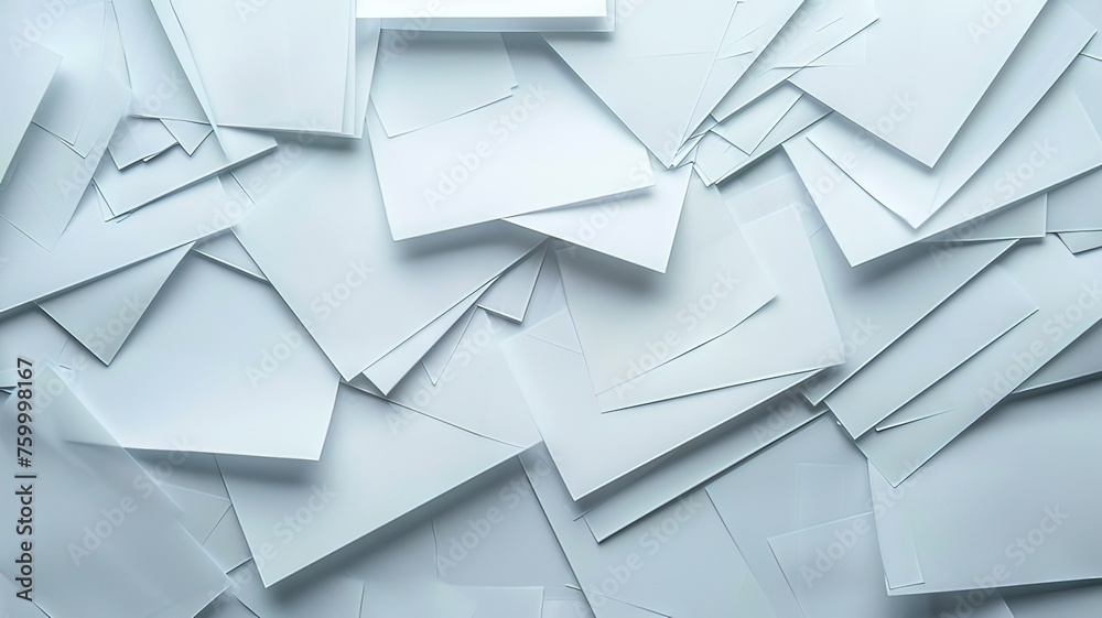 Horizontal AI illustration scattered white paper sheets on a flat ...