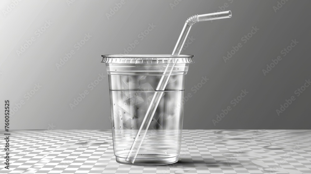 Modern realistic 3d empty clear plastic disposable cup with a straw isolated on transparent grid ...
