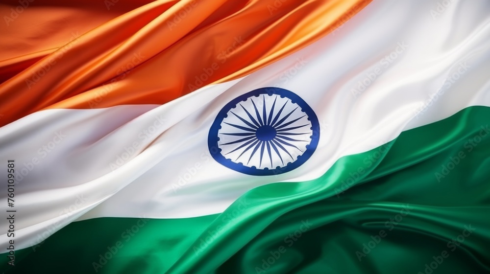 Close-up image of the Indian flag, the Ashoka Chakra is shown ...