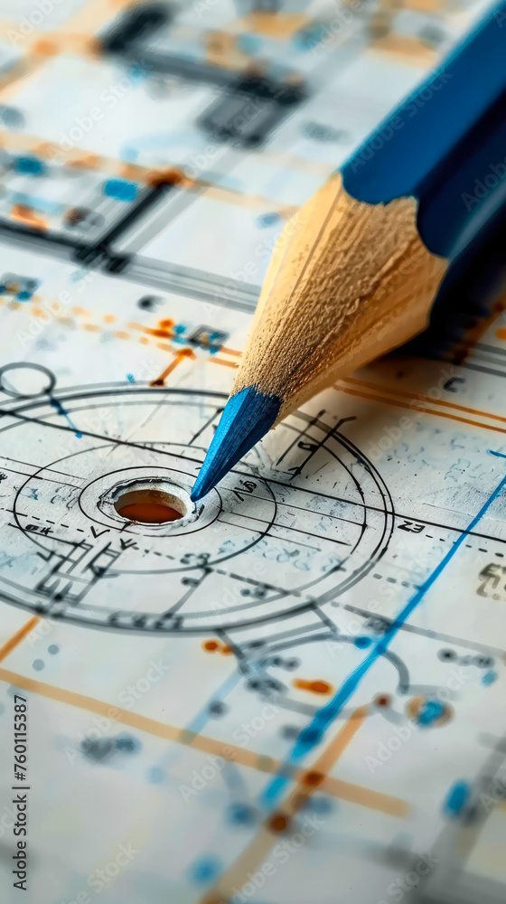 Close-up of engineering drafting tools with a blue pencil on mechanical ...