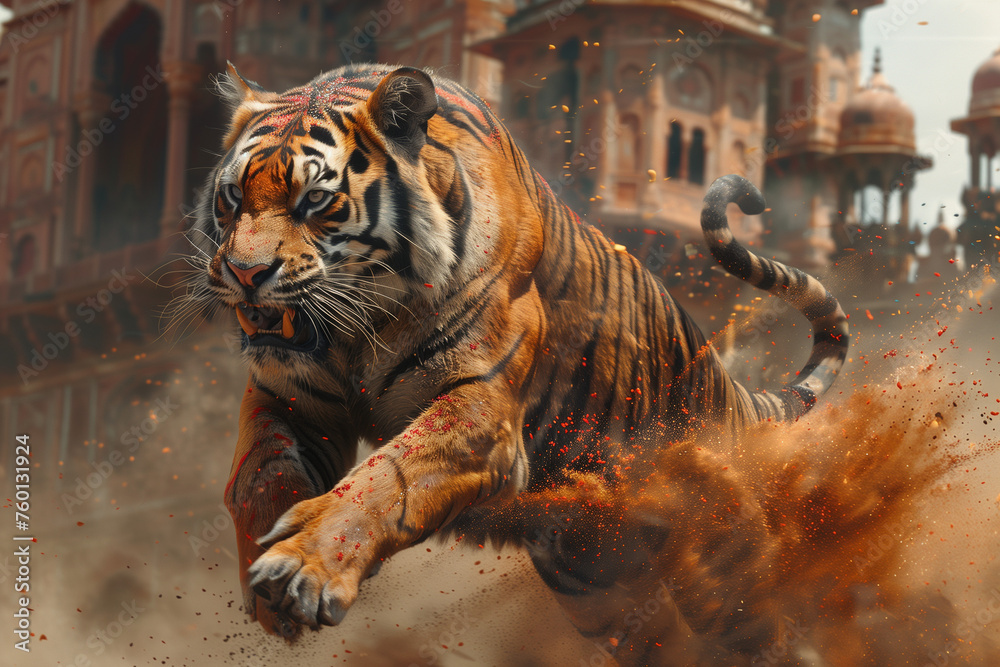 Bengal tiger jumping in front of building during Holi Festival of ...