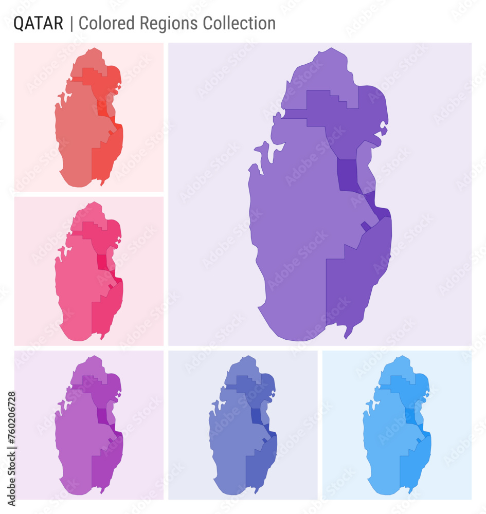 Qatar map collection. Country shape with colored regions. Deep Purple ...
