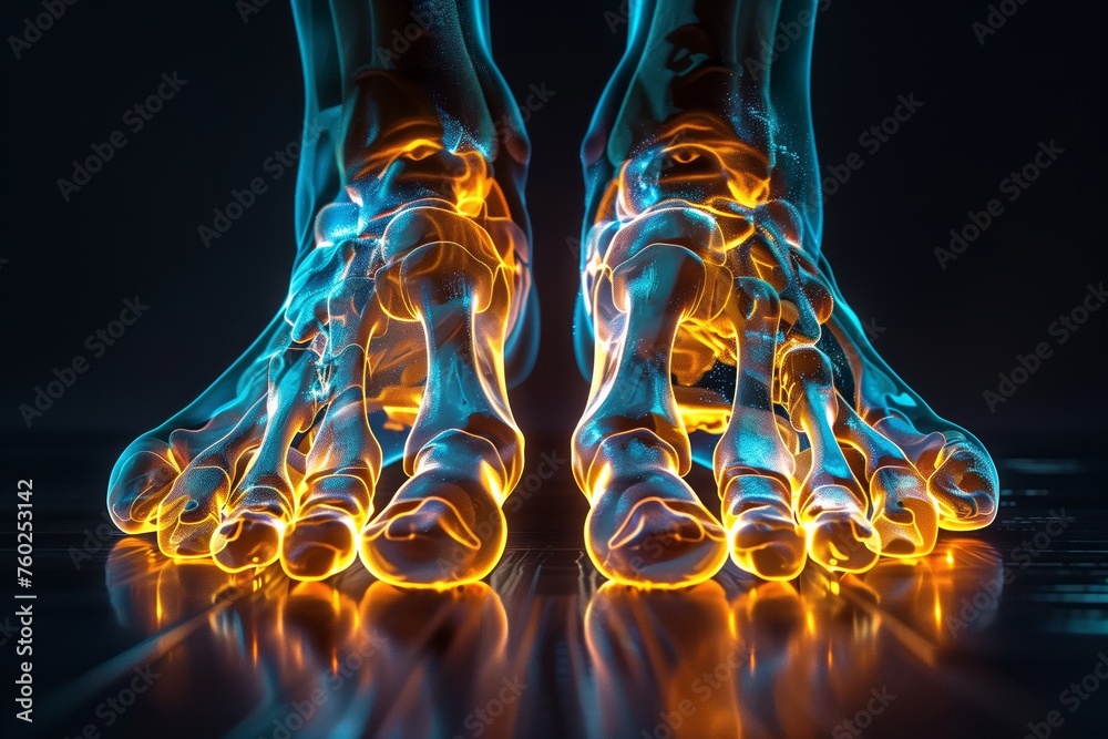 X-ray image showing glowing skeletal feet, concept of medical imaging ...