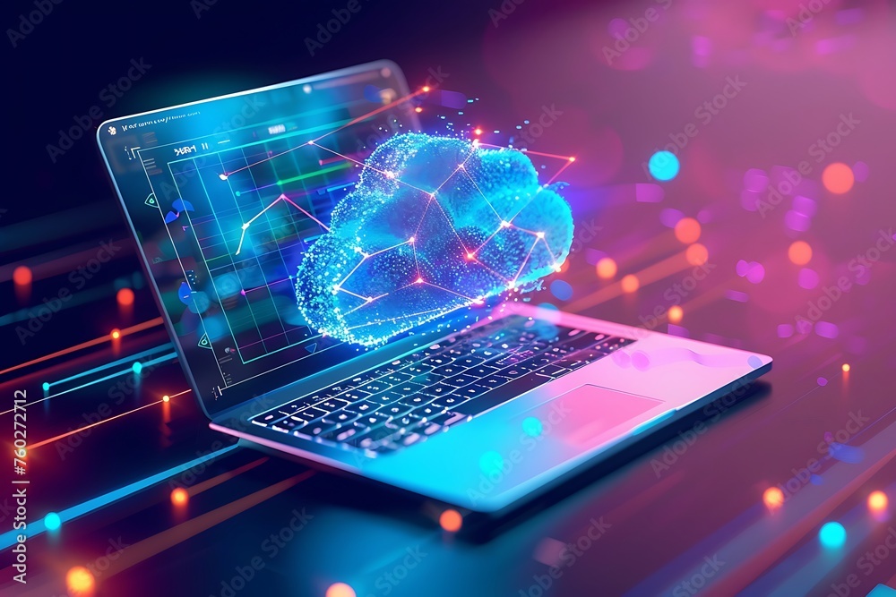 Laptop connected to cloud digital saving. Edge computing image ...