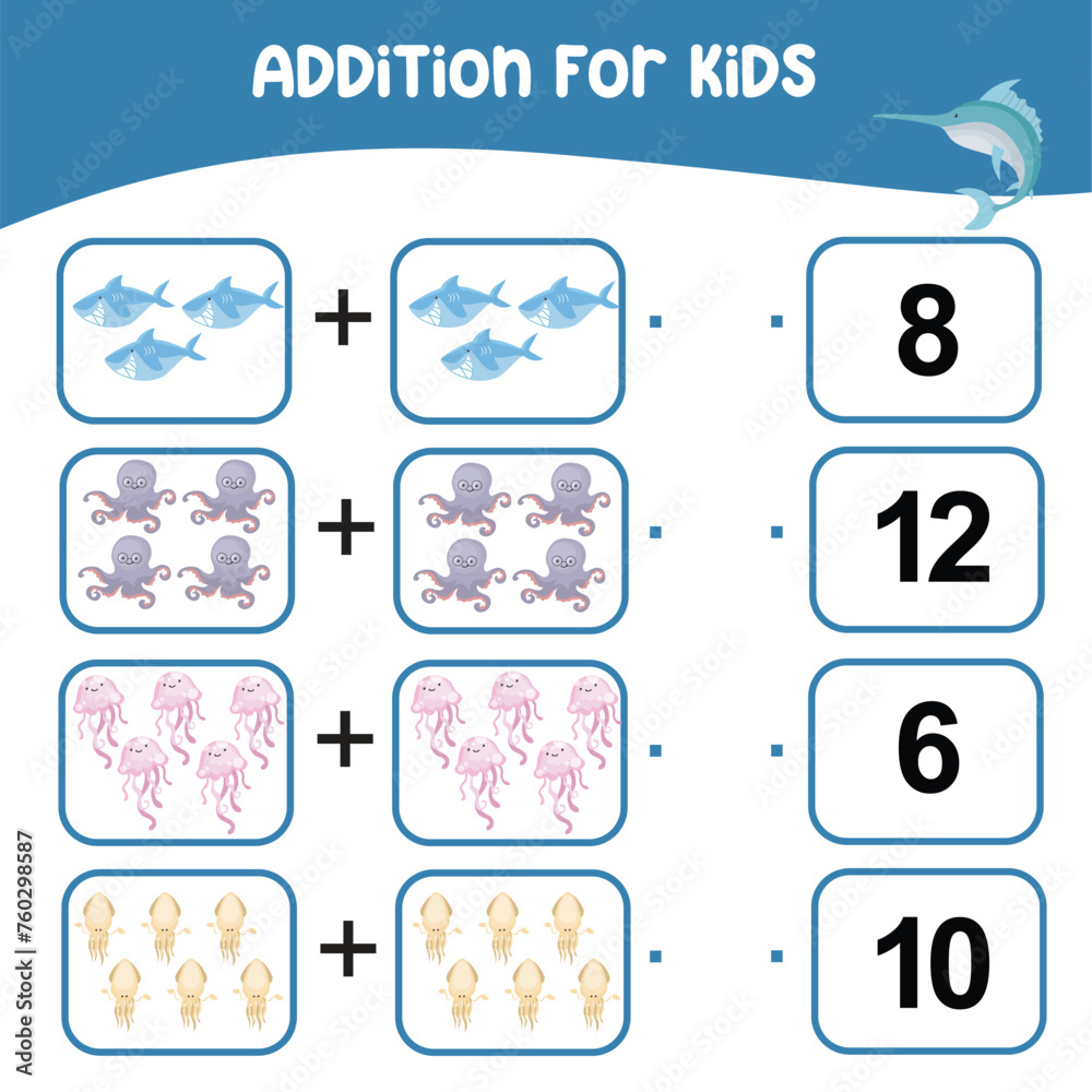 Stock-Vektorgrafik „Addition for kids worksheet. Kids educational game ...