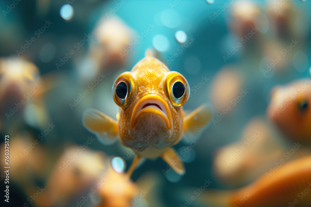 Sad scared little fish with big bulding eyes in group of others Stock ...