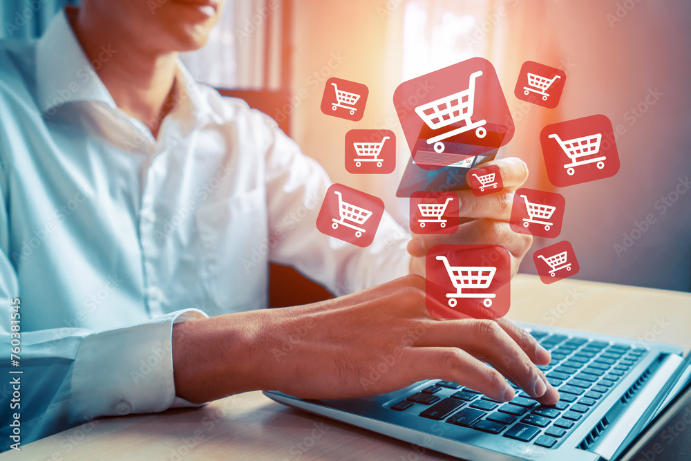 Elegant customer hold credit card with hologram interface choose online ...