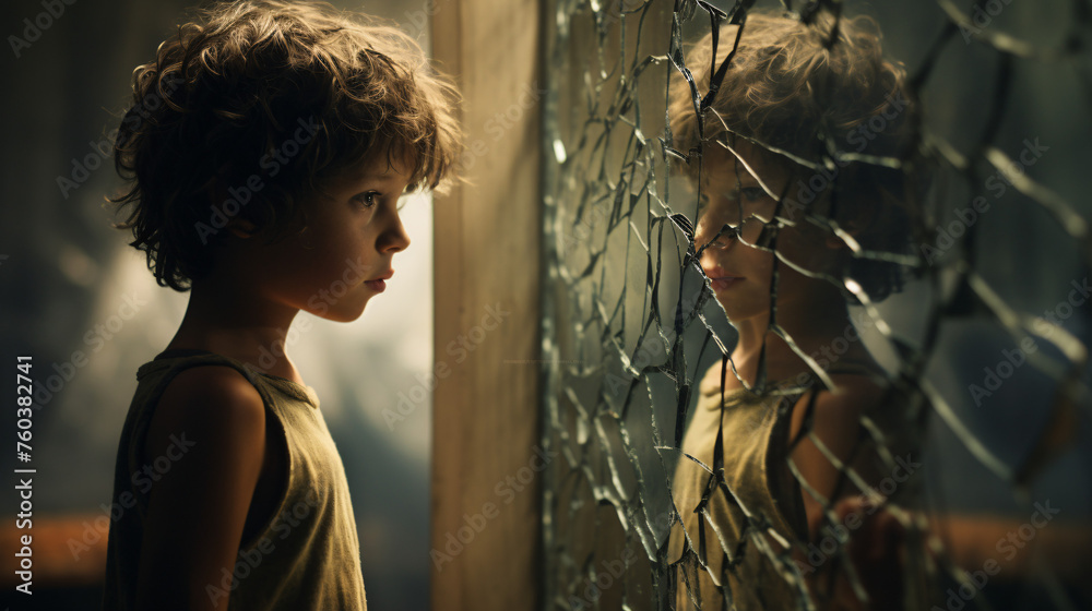 young innocent boy looking through a broken mirror, mental health ...