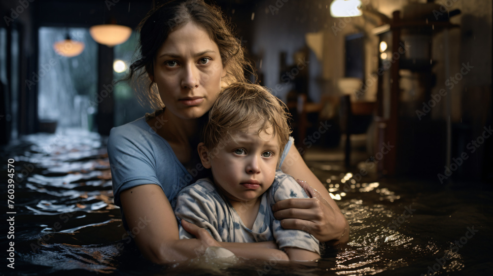 mother and son surrounded by flood water inside a house, Climate Change ...
