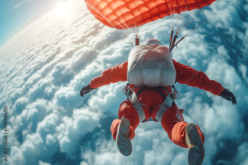Amidst the billowing clouds, a daring individual soars through the sky ...