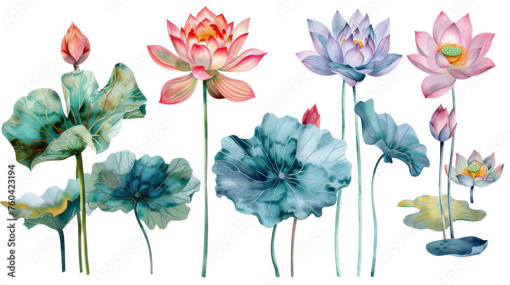 A set of vibrant, detailed illustrations of lotus flowers and leaves ...