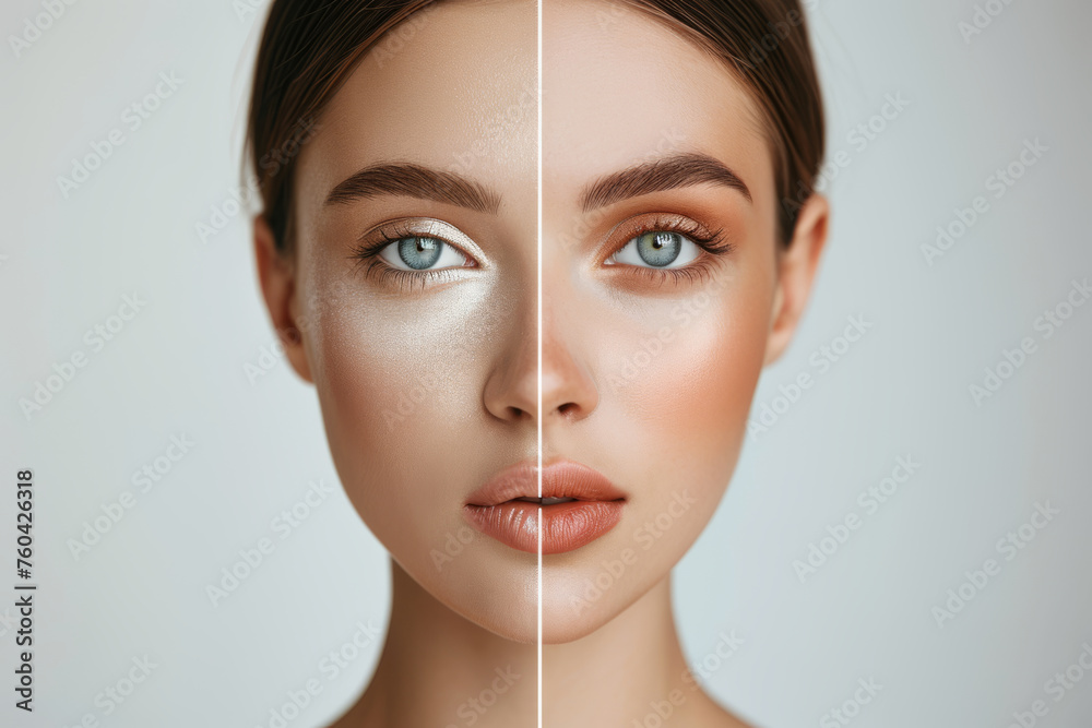 The face is divided into two halves, one with makeup and the other ...