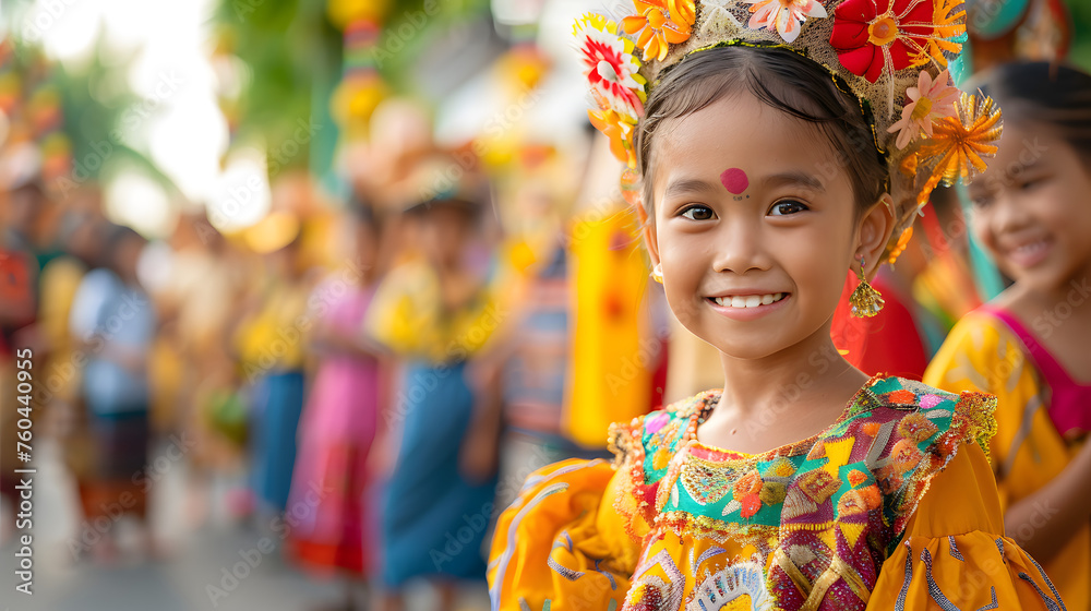 Amidst a festive cultural parade, a young girl beams with happiness as ...