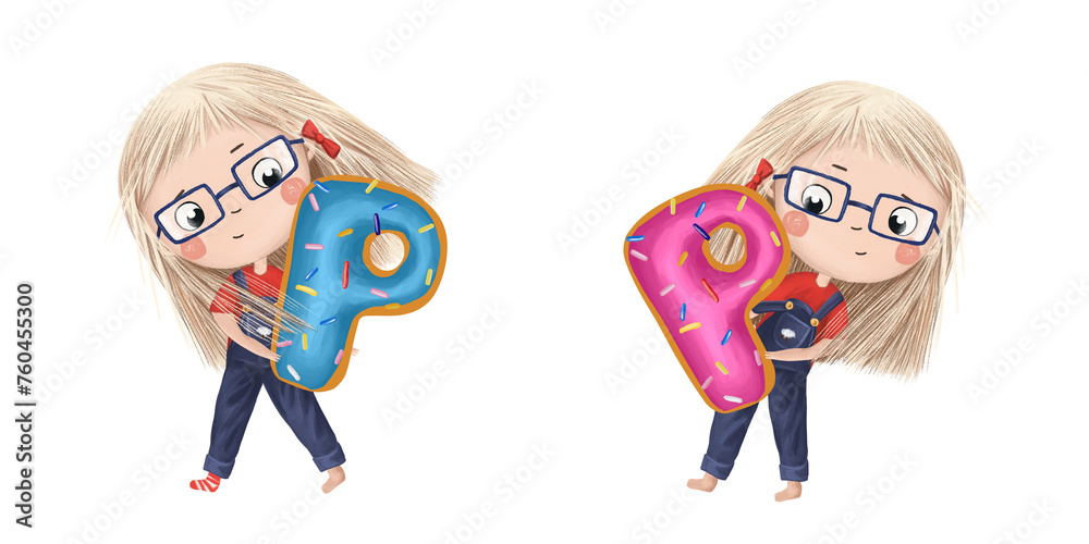 Cute little girl with chocolate donut- letter P. Tasty set on white ...