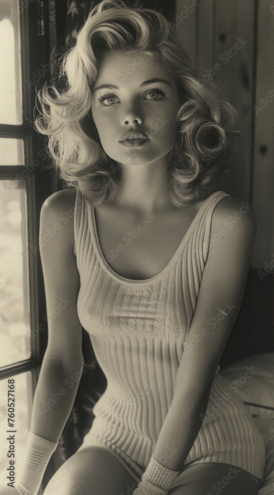 1950s Style Pin Up Girl with fair skin, vulnerable, shy, pleading ...