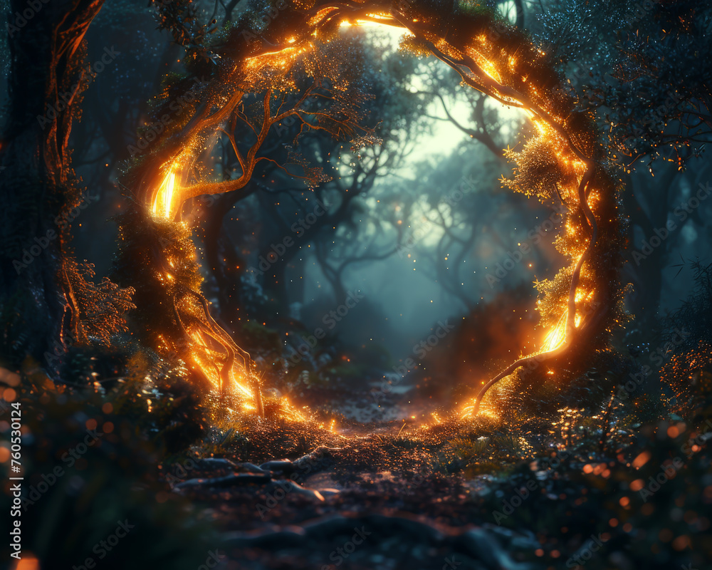 Glowing fairy circle in a dense, ancient forest at night, eye-level ...