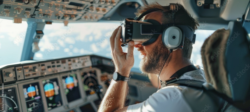 Man in vr glasses takes flight exam at aviation school in simulator ...