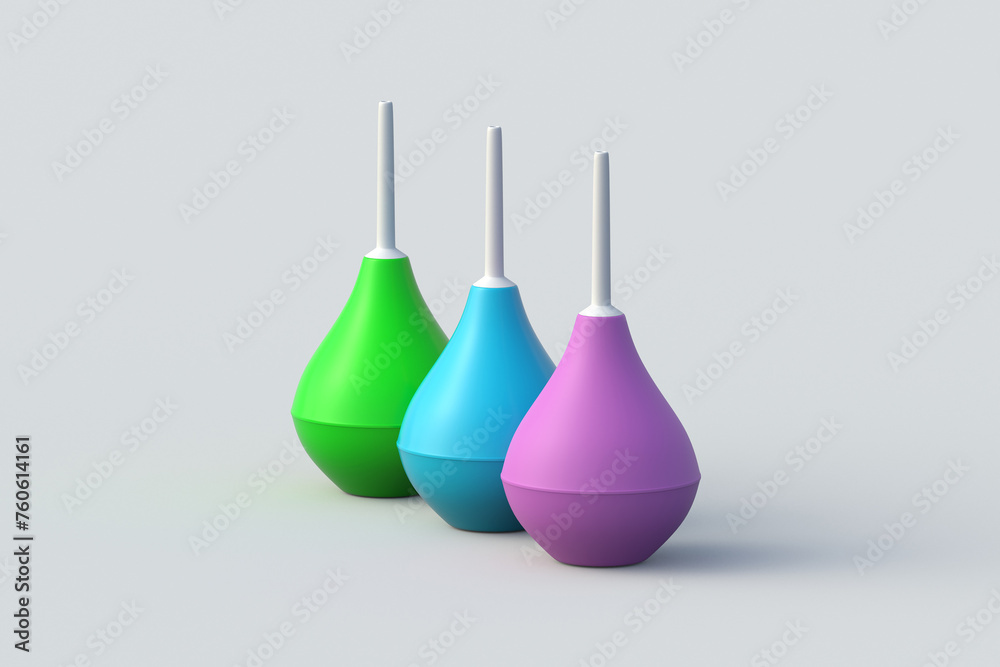 Row of colorful enemas on gray background. Rubber douching bag. Pear ...