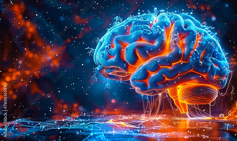 Vivid 3D illustration of a human brain with dynamic blue and orange ...