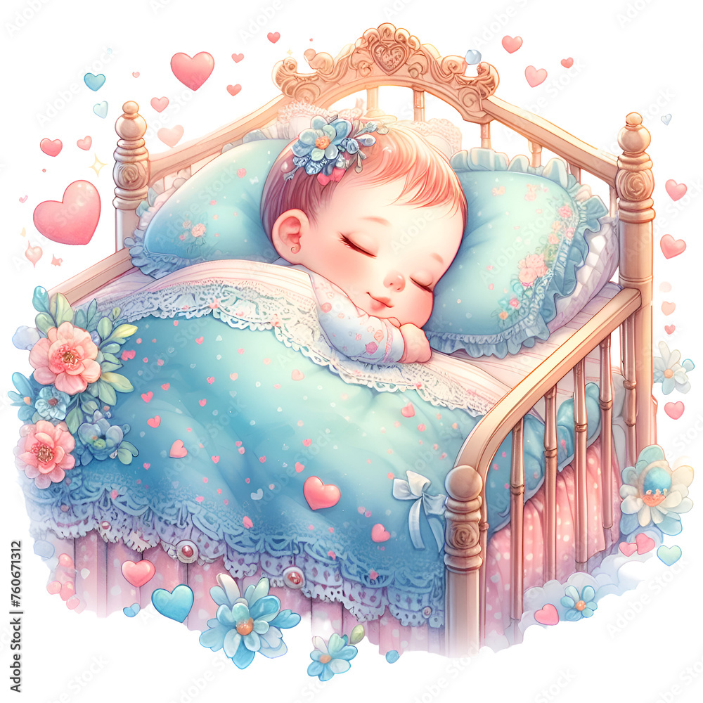 Cute Sleeping Baby in Cradle Clipart Watercolor Sleep Baby Shower First ...