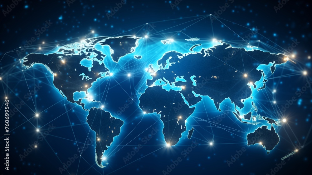 World map displaying network pathways representing hubs connecting ...